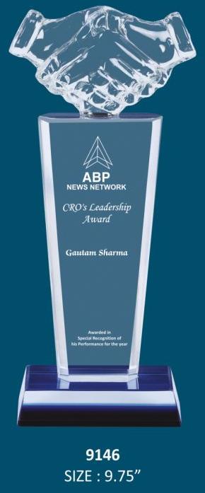 Transparent Polished Crystal Handshake Trophy, for Winning Award ...