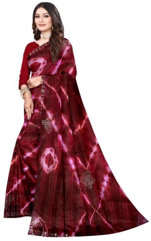 Silk Unstitched Printed Maroon Swarovski Batik Saree at Rs 999 in ...